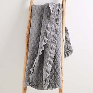 Levtex - Grey Stonewash - Quilted Throw - 50x60in. - Grey with Frayed Ruffle - Reversible Pattern - Cotton Fabric