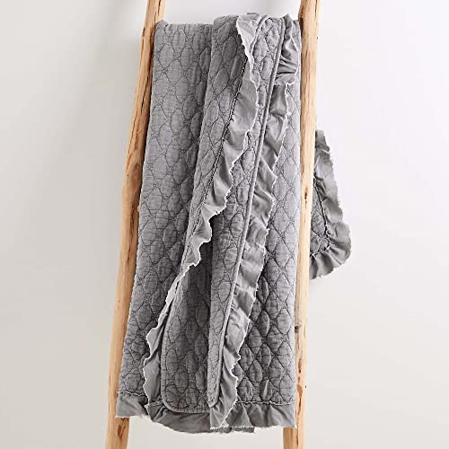 Levtex - Grey Stonewash - Quilted Throw - 50x60in. - Grey with Frayed Ruffle - Reversible Pattern - Cotton Fabric