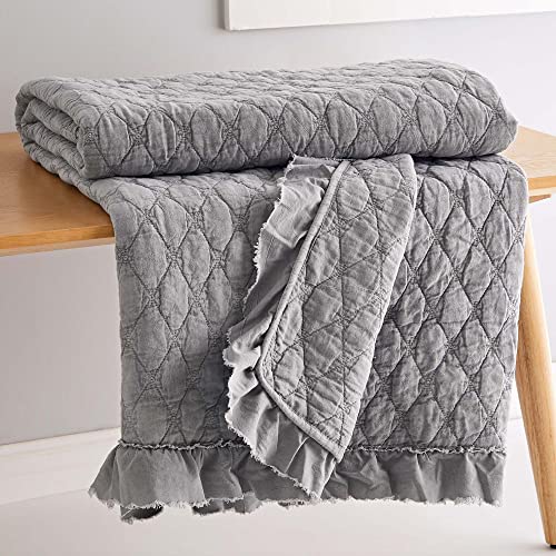 Levtex - Grey Stonewash - Quilted Throw - 50x60in. - Grey with Frayed Ruffle - Reversible Pattern - Cotton Fabric