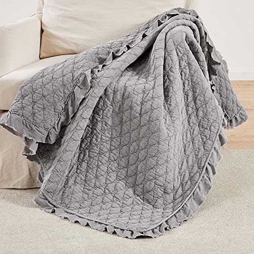 Levtex - Grey Stonewash - Quilted Throw - 50x60in. - Grey with Frayed Ruffle - Reversible Pattern - Cotton Fabric