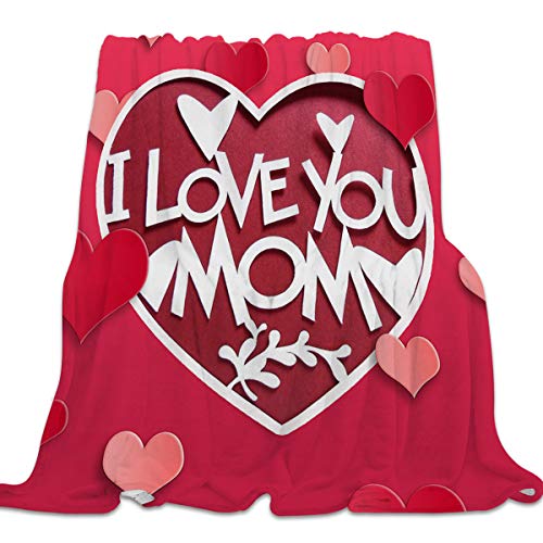 Mother's Day Ultra Soft Flannel Fleece Bed Blanket I Love You Mom Red Heart Pattern Throw Blanket All Season Warm Fuzzy Light Weight Cozy Plush Blankets for Living Room/Bedroom 40 x 50 inches