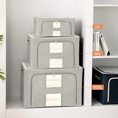 3 Pack Clothes Storage Organizer Bins Containers -Stackable Metal Frame Storage Bins Foldable Oxford Cloth Box for Clothing Storage with Clear Window & Reinforced Handles