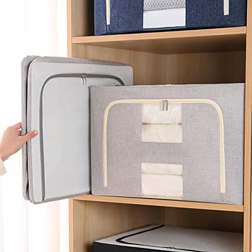 3 Pack Clothes Storage Organizer Bins Containers -Stackable Metal Frame Storage Bins Foldable Oxford Cloth Box for Clothing Storage with Clear Window & Reinforced Handles