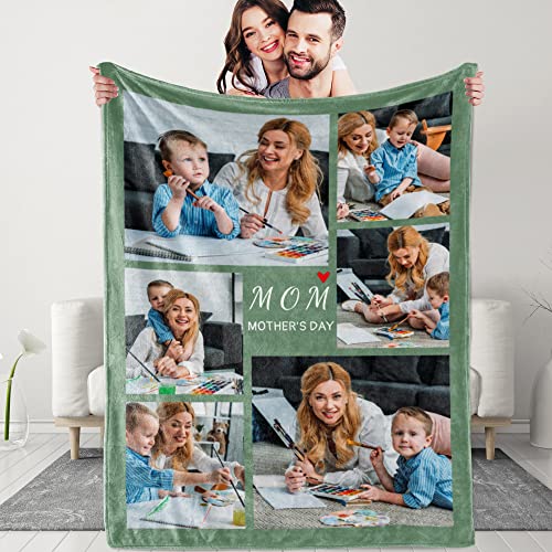 DIYKST Custom Mother's Day Blanket with Photo Collage Text Personalized Photo Blanket for Mom/Grandma/Wife Gifts from Daughter Son Customized Throw Blanket for Mom Birthday Made in USA