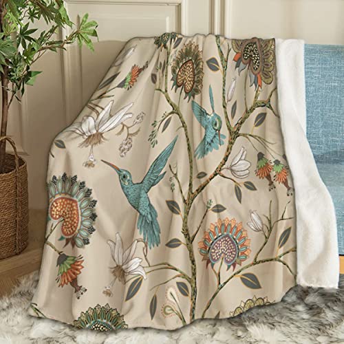 ARTBLANKET Stylized Flowers and Hummingbird Throw Blanket Fannel Fleece Super Soft Funny Blanket Travel Throw Blanket for Bed Couch Sofa 80 x 60 Inch for Adult