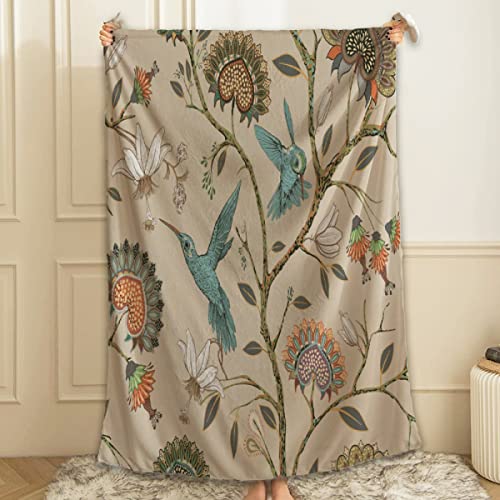 ARTBLANKET Stylized Flowers and Hummingbird Throw Blanket Fannel Fleece Super Soft Funny Blanket Travel Throw Blanket for Bed Couch Sofa 80 x 60 Inch for Adult