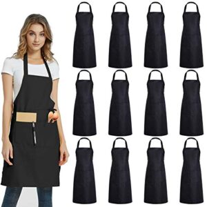 duskcove 12 pack plain bib aprons with 2 pockets - black unisex commercial apron bulk for kitchen cooking restaurant bbq painting crafting