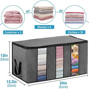 Large Capacity Storage Bags, 4 Pack Clothes Storage Bins, Foldable Closet Organizers with Handle, Thick Fabric and Sturdy Zipper for Comforters, Blankets, Bedding (Light Grey)