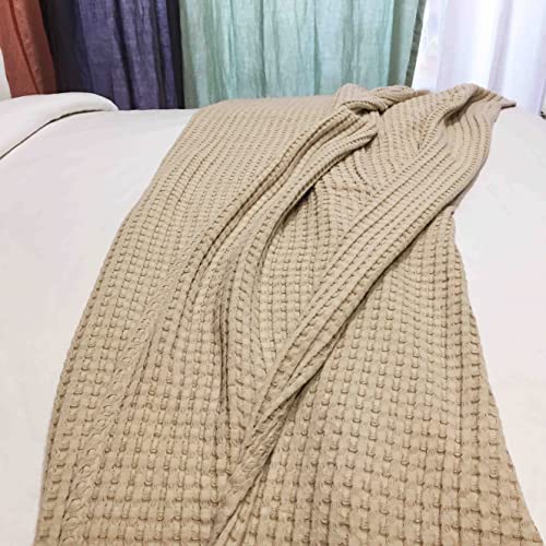 DerF HOME Waffle Weave Throw Blanket for Couch with Wash and Drawnwork Technique Tan Blanket Sofa, Soft Decorative Lightweight All Seasons(50x60 inches, Khaki/Light tan)