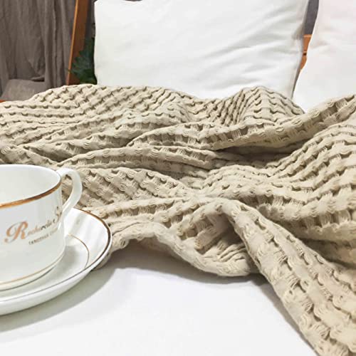 DerF HOME Waffle Weave Throw Blanket for Couch with Wash and Drawnwork Technique Tan Blanket Sofa, Soft Decorative Lightweight All Seasons(50x60 inches, Khaki/Light tan)