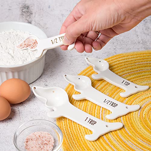 White Ceramic Dog Themed Kitchen Utensils: Measuring Cups and Spoons, Spoon Rest for Countertop - Cute Kitchen Accessories (Dog Measuring Spoons)