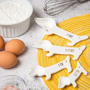 White Ceramic Dog Themed Kitchen Utensils: Measuring Cups and Spoons, Spoon Rest for Countertop - Cute Kitchen Accessories (Dog Measuring Spoons)