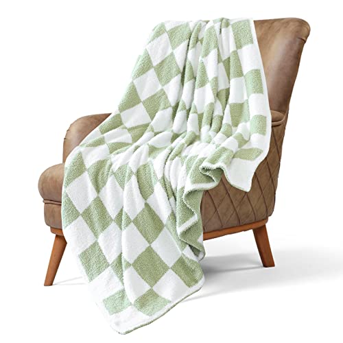 OTOSTAR Checkered Throw Blankets Super Soft Warm Cozy Knitted Checkerboard Grid Chessboard Gingham Reversible Blanket for Couch Comfort Plush Fluffy Blanket for Bed Sofa Travel 60x80 Inch (Sage Green)