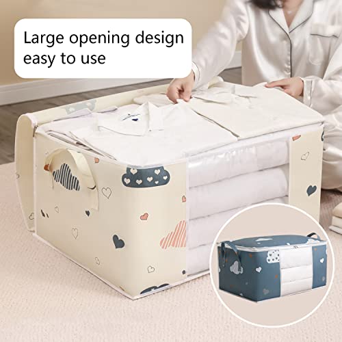 ZOEGA Large Storage Bags, 4-piece Clothes box Foldable Closet Organizer Container with Durable Handle Thick Fabric used for Clothes, Blankets, Comforters, Bed Sheets, Beige cyan, (qianyi-001)