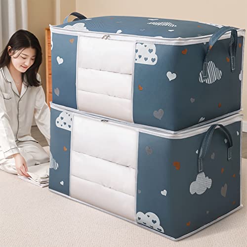 ZOEGA Large Storage Bags, 4-piece Clothes box Foldable Closet Organizer Container with Durable Handle Thick Fabric used for Clothes, Blankets, Comforters, Bed Sheets, Beige cyan, (qianyi-001)