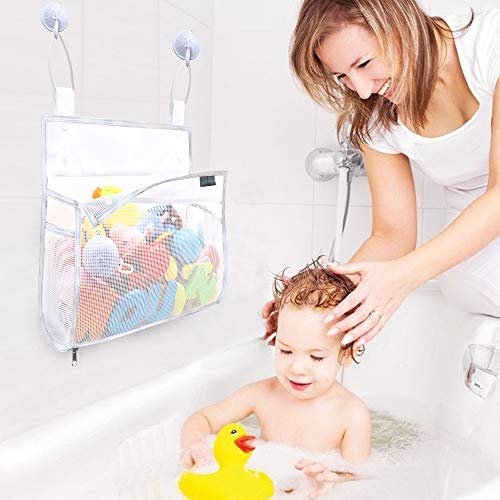 Bathtub Toy Organizer with 4 Suction Sticker Hooks, Two Side Pockets Bottom Zippered, Large Opening and Greater Capacity ​