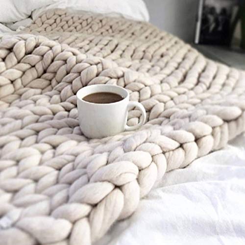 DIRUNEN Chunky Knit Blanket Handmade by Soft Knitting Throw Bed Bedroom Decor Bulky Sofa Camel 40"×59"