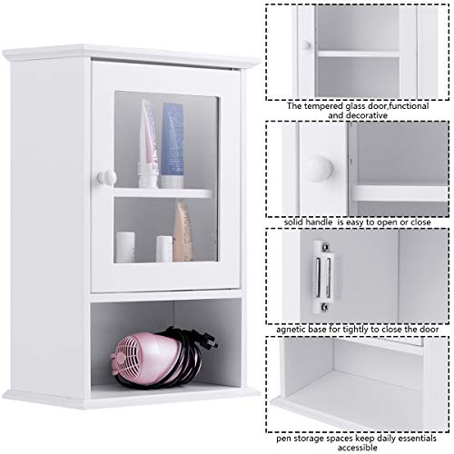 Tangkula Bathroom Wall Cabinet, Wooden Wall Mounted Medicine Cabinet with Adjustable Shelf, White