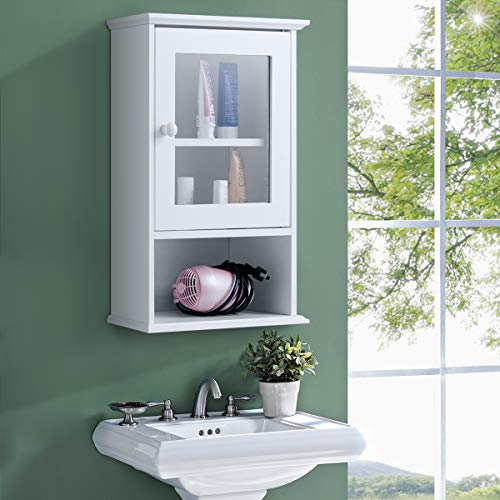 Tangkula Bathroom Wall Cabinet, Wooden Wall Mounted Medicine Cabinet with Adjustable Shelf, White