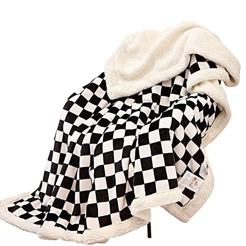 Queenshin Checkerboard Plaid Fluffy Sherpa Fleece Blankets Twin Size 60 * 80 Inch, 500 GMS Christmas Double Bed Snuggle Throws for Couch Sofas, Black and White