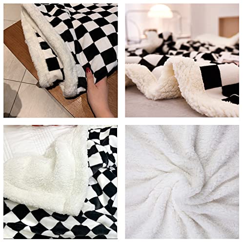 Queenshin Checkerboard Plaid Fluffy Sherpa Fleece Blankets Twin Size 60 * 80 Inch, 500 GMS Christmas Double Bed Snuggle Throws for Couch Sofas, Black and White