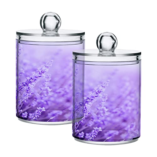 Nander 2Pack Spring Lavender Qtip Holder Dispenser-Clear Plastic Apothecary Jars Set -Restroom Bathroom Makeup Organizers Containers for Cotton Swab, Ball, Pads, Floss