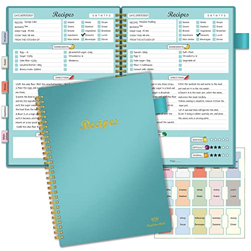 Recipe Book to Write in Your Own Recipes, Blank Recipe Notebook with 15 Tabs for Family Cooking Lover, 120 Pages Recipe Organizer, 7 x 10", Teal