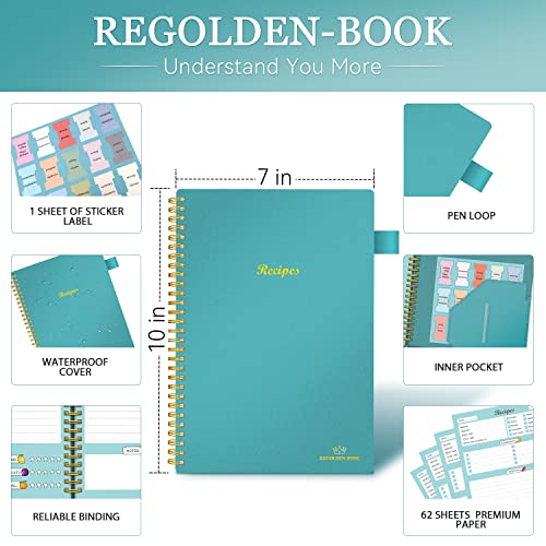 Recipe Book to Write in Your Own Recipes, Blank Recipe Notebook with 15 Tabs for Family Cooking Lover, 120 Pages Recipe Organizer, 7 x 10", Teal