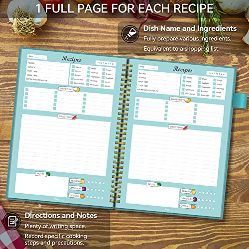 Recipe Book to Write in Your Own Recipes, Blank Recipe Notebook with 15 Tabs for Family Cooking Lover, 120 Pages Recipe Organizer, 7 x 10", Teal