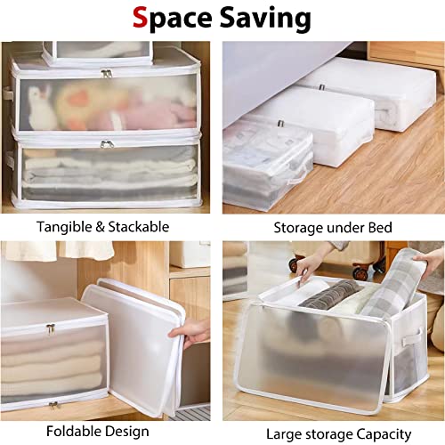 FAOMSEBS Under Bed Storage [Light & No Collapse] Foldable Plastic Storage Box, Healthy & Odorless Material With [Sturdy Handles] Moisture-Proof Bins For Pillow, Coats, Blankets 36L White Translucent