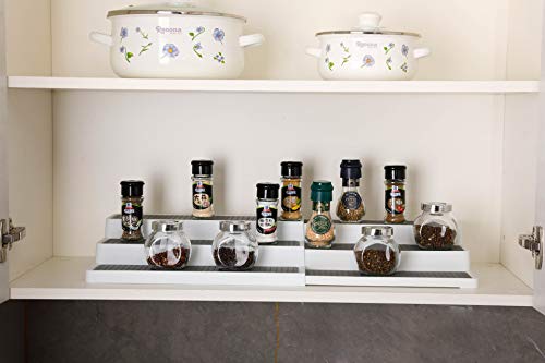 YCOCO 3-Tier Expandable Spice Rack Step Modern Design Waterproof and Non Skid Shelf Kitchen Organizer for Pantry Cabinet or Countertop Use