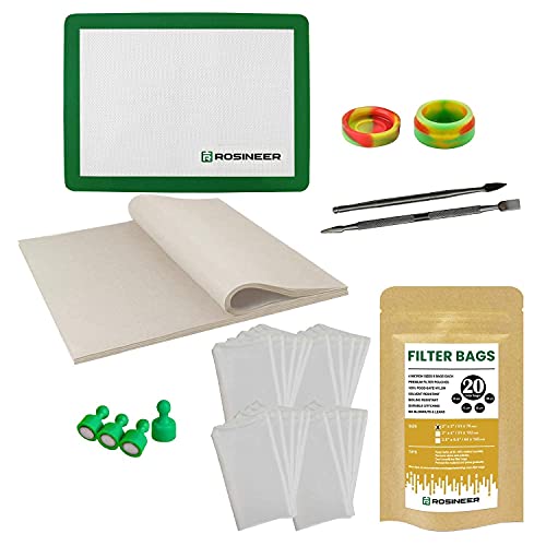 Rosineer Heat Press Starter Kit with and 2" x 3" Premium Nylon Filter Bags Combo (36, 72, 90, 120 microns) - 20 pcs - Bundle