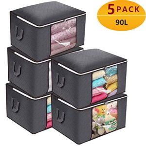 Mrt Large Clothes Storage Bag Organizer, 90L Capacity Clothing Storage Bags with Reinforced Handle Thick Fabric for Comforters, Blankets, Bedding, Foldable with Sturdy Zipper (Dark Gery, 5 Pack)