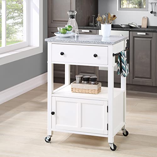 OS Home and Office Furniture Fairfax Model FRXG-11 White Kitchen Cart with Doors, Towel Rack, and Drawer