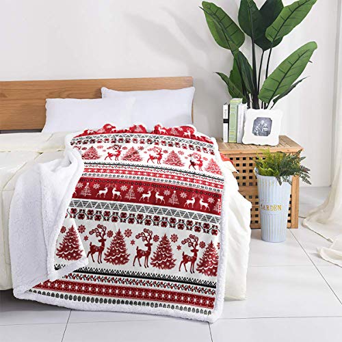 Christmas Blanket Twin Snowflake Elk Christmas Tree Printed Sherpa Fleece Blanket Fuzzy Warm Solid Throw Blanket for Bedding Couch 60x80 inches