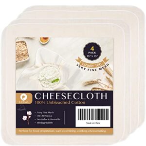 precut cheesecloth, 15 x 15'' 4 pack, grade 100, ultra fine for straining & cooking, 100% unbleached cotton cheese cloth for making cheese