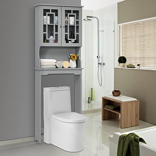 DORTALA Over The Toilet Spacesaver Storage Cabinet, Bathroom Organizer w/ 2 Glass Doors, Adjustable Inner Shelf, Open Bottom Free Standing Shelf Tower Anti-Tip Design, Rack, Gray Grey