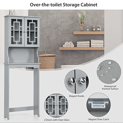 DORTALA Over The Toilet Spacesaver Storage Cabinet, Bathroom Organizer w/ 2 Glass Doors, Adjustable Inner Shelf, Open Bottom Free Standing Shelf Tower Anti-Tip Design, Rack, Gray Grey