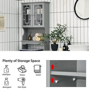 DORTALA Over The Toilet Spacesaver Storage Cabinet, Bathroom Organizer w/ 2 Glass Doors, Adjustable Inner Shelf, Open Bottom Free Standing Shelf Tower Anti-Tip Design, Rack, Gray Grey