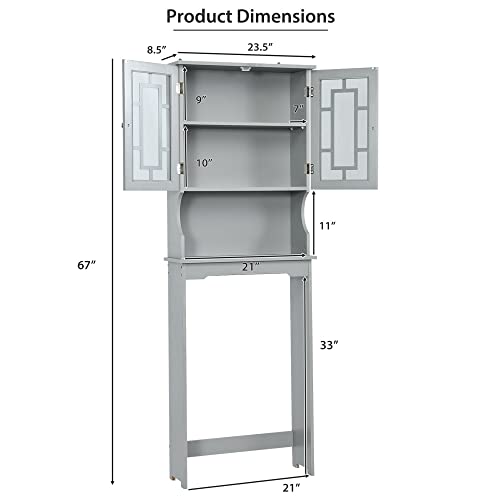 DORTALA Over The Toilet Spacesaver Storage Cabinet, Bathroom Organizer w/ 2 Glass Doors, Adjustable Inner Shelf, Open Bottom Free Standing Shelf Tower Anti-Tip Design, Rack, Gray Grey