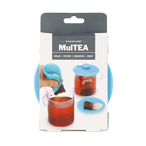 Kikkerland MulTEA Cup of Tea, 4 in 1 - Food Grade Silicone Lid Coaster Cover Accessory, Blue