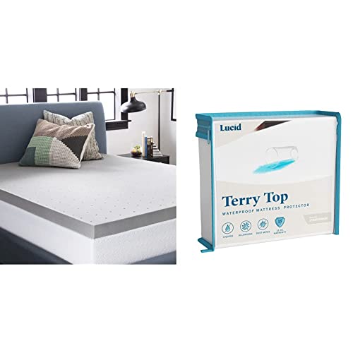 LUCID 3 Inch Bamboo Charcoal Memory Foam Mattress Topper - Queen & Premium Hypoallergenic 100% Waterproof Mattress Protector - Universal Fit, Cotton Terry Top, Queen