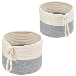 mDesign Casual Round Woven Cotton Rope Bathroom Basket with Tie Handles - Storage Organizer Set for Countertop, Floor, Closet or Vanity, Holds Toilet Paper, Towels, or Magazines, Set of 2, White/Gray