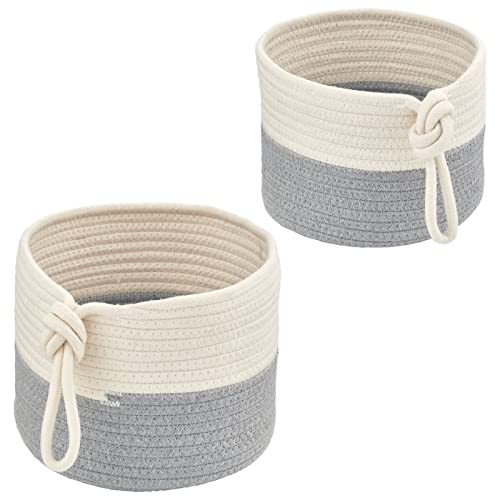 mDesign Casual Round Woven Cotton Rope Bathroom Basket with Tie Handles - Storage Organizer Set for Countertop, Floor, Closet or Vanity, Holds Toilet Paper, Towels, or Magazines, Set of 2, White/Gray