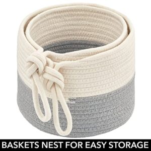 mDesign Casual Round Woven Cotton Rope Bathroom Basket with Tie Handles - Storage Organizer Set for Countertop, Floor, Closet or Vanity, Holds Toilet Paper, Towels, or Magazines, Set of 2, White/Gray