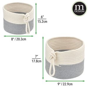 mDesign Casual Round Woven Cotton Rope Bathroom Basket with Tie Handles - Storage Organizer Set for Countertop, Floor, Closet or Vanity, Holds Toilet Paper, Towels, or Magazines, Set of 2, White/Gray