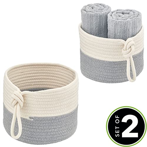 mDesign Casual Round Woven Cotton Rope Bathroom Basket with Tie Handles - Storage Organizer Set for Countertop, Floor, Closet or Vanity, Holds Toilet Paper, Towels, or Magazines, Set of 2, White/Gray