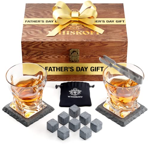 𝗕𝗘𝗦𝗧 𝗚𝗜𝗙𝗧: Fathers Day Dad Gifts For Men - Whiskey Glass Set of 2 - Bourbon Whiskey Stones Wood Box Gift Set - Includes Crystal Whisky Glasses, Chilling Rocks, Slate Coasters for Scotch Burbon