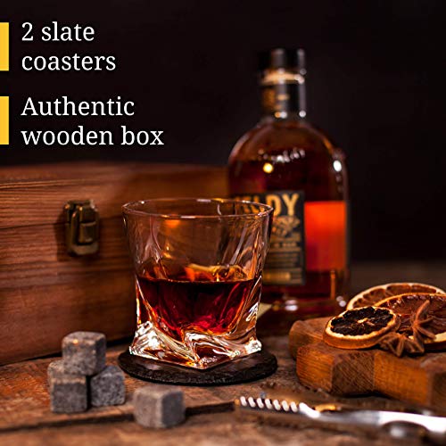 𝗕𝗘𝗦𝗧 𝗚𝗜𝗙𝗧: Fathers Day Dad Gifts For Men - Whiskey Glass Set of 2 - Bourbon Whiskey Stones Wood Box Gift Set - Includes Crystal Whisky Glasses, Chilling Rocks, Slate Coasters for Scotch Burbon