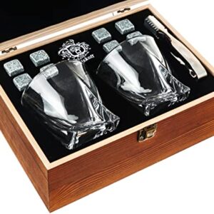 𝗕𝗘𝗦𝗧 𝗚𝗜𝗙𝗧: Fathers Day Dad Gifts For Men - Whiskey Glass Set of 2 - Bourbon Whiskey Stones Wood Box Gift Set - Includes Crystal Whisky Glasses, Chilling Rocks, Slate Coasters for Scotch Burbon